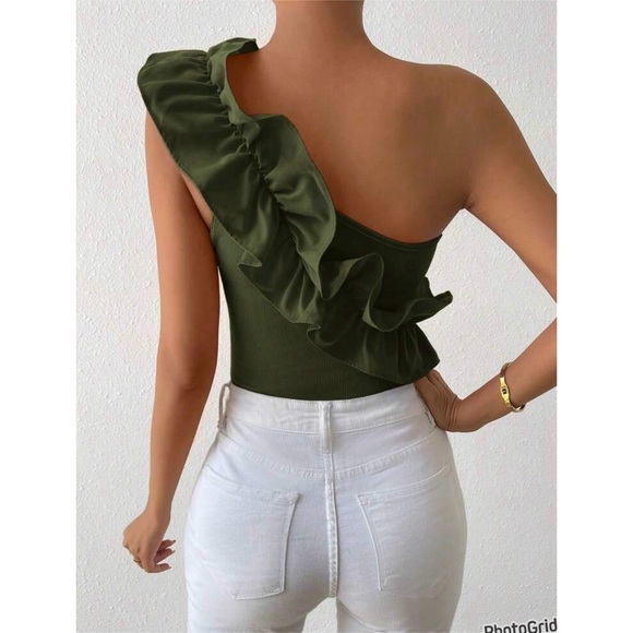 Tops | Olive Green One Shoulder Ruffle Trim Bodysuit | Poshmark